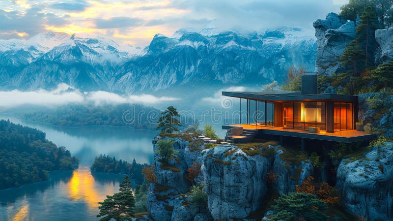 A House on a Cliff Overlooking a Lake and Mountains Stock Photo - Image ...