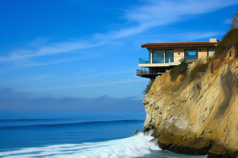 House on a Cliff Overlooking the Ocean, Waves Below Stock Photo - Image ...