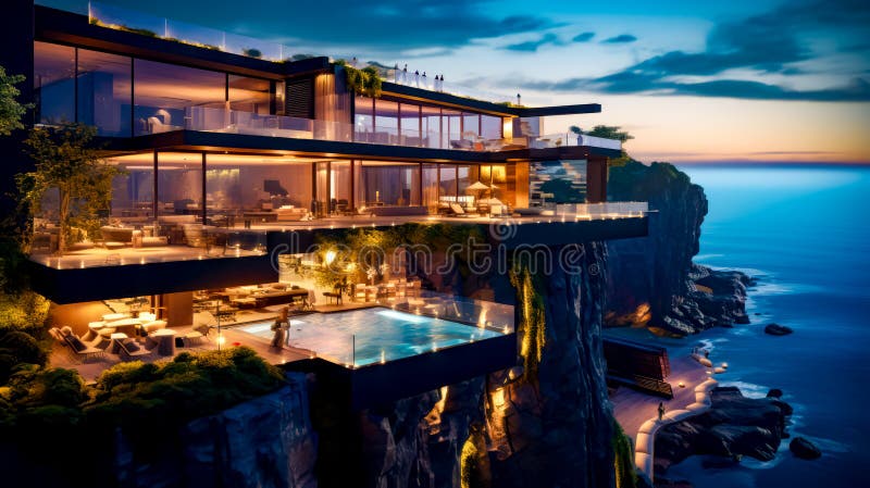 House on Cliff with Pool in the Middle of the Cliff. Generative AI ...