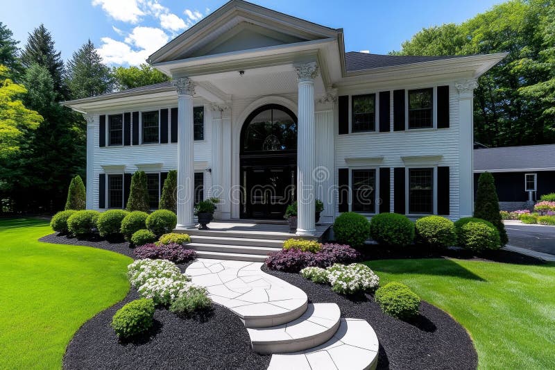 House, Colonial Style, Classic Symmetry Features Columns, Shutters, and ...