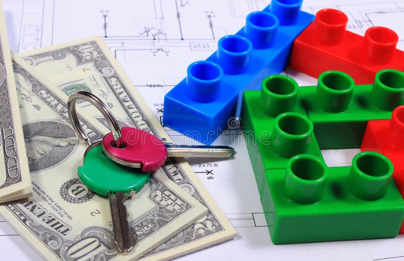 House of Colorful Building Blocks, Keys and Banknotes on Drawing of ...