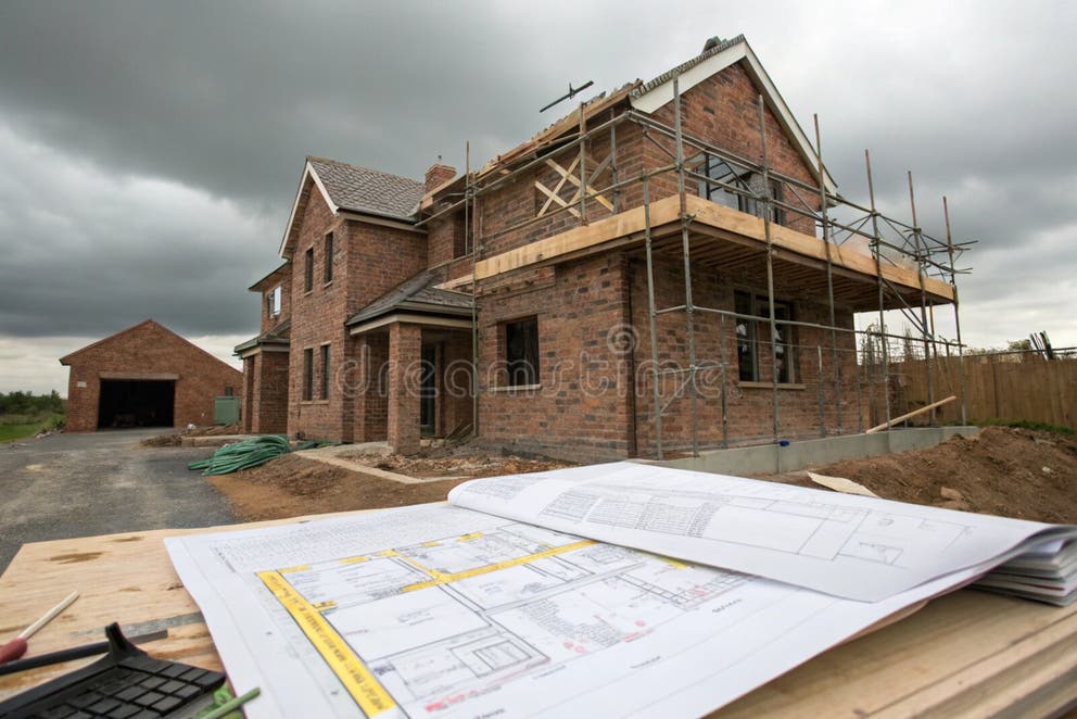 House in Construction with Brick and Blueprint Stock Illustration ...