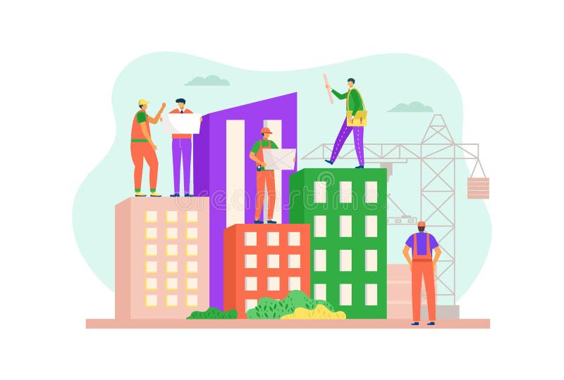House Construction, Engineer Team Near Building Vector Illustration ...