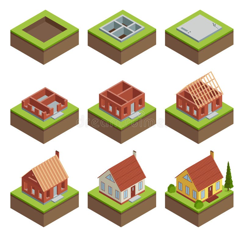 House Construction Isometric Set Stage-by-stage. Visualization of ...