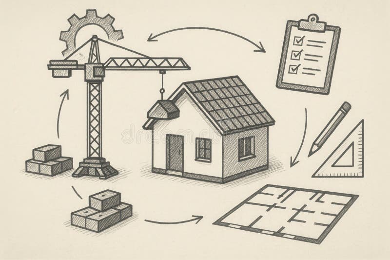 House Construction Process with Crane, Bricks, Blueprint and Checklist ...