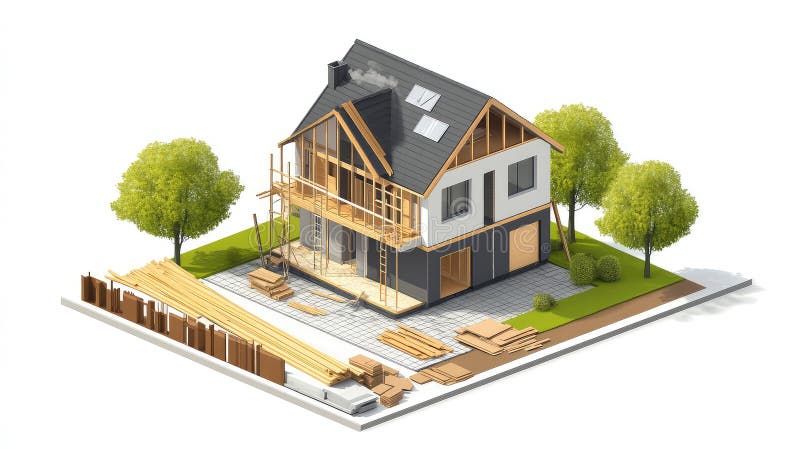 House Construction Process Isometric Render Showing Building Progress ...