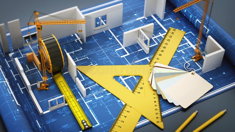 House Construction Project. 3D Illustration Stock Illustration ...