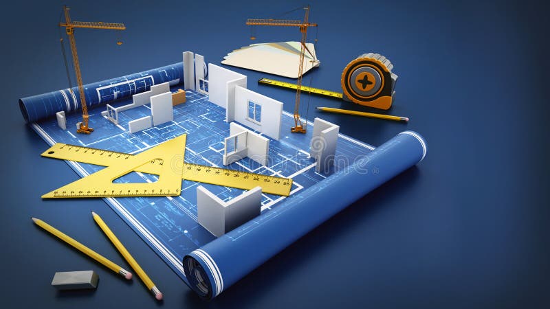 House Construction Project. 3D Illustration Stock Illustration ...