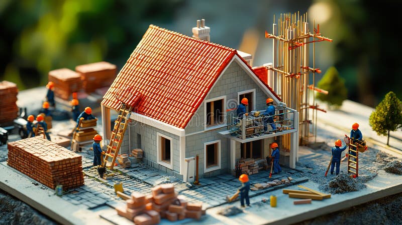 House Construction Scene Showing Small Construction Workers Performing ...