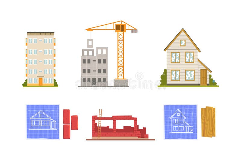 House Construction Site with Building Architecture Stage Vector Set ...