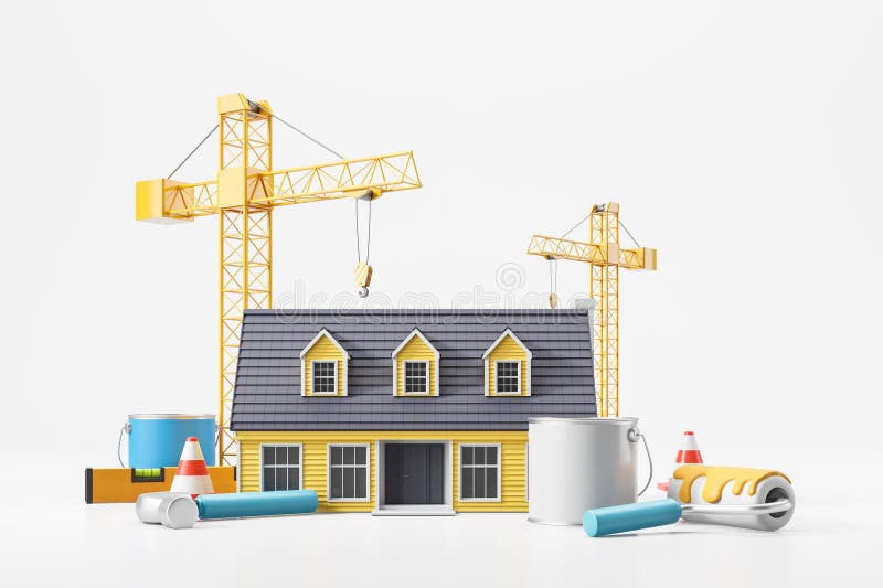 House and Construction Site with Repairing Tools and Crane, Light ...