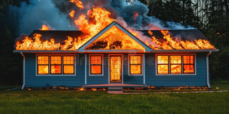 House Consumed by Flames at Night Creating a Dramatic Display of Fire ...