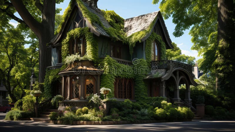 A House Covered in Ivy. Generative AI. Stock Illustration ...