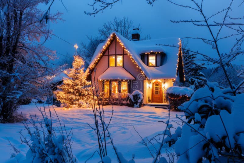 House Covered in Snow with Christmas Lights Stock Image - Image of snow ...