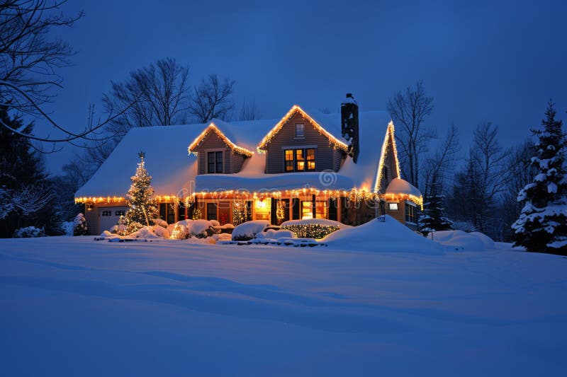 House Covered in Snow with Christmas Lights Stock Image - Image of ...