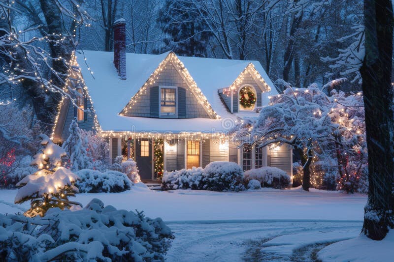 House Covered in Snow with Christmas Lights Stock Image - Image of ...
