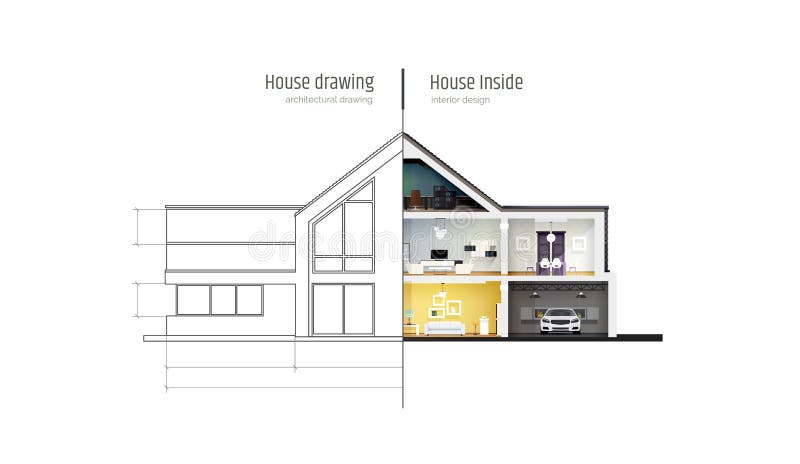 House in Cross-section. Drawing Inside Interior. Modern House, Villa ...