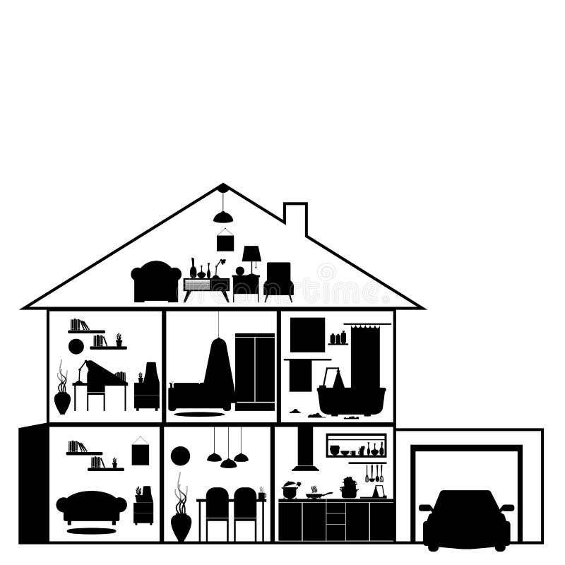 House in Cut. Detailed Modern House Interior. Rooms with Furniture ... House in Cut. Detailed Modern House Interior. Rooms with Furniture ...