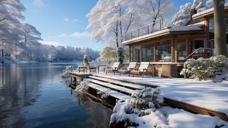 A House with a Deck and a Lake in the Snow. Generative AI. Stock ...