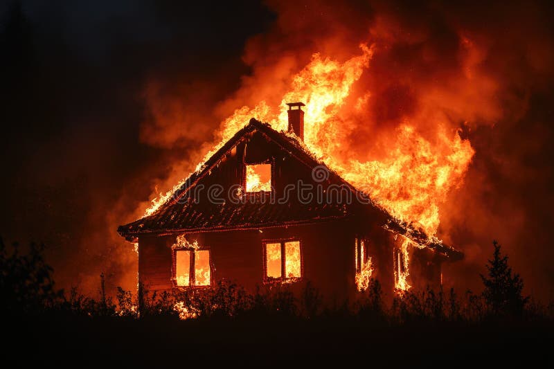 A House Destroyed by a Large-scale Fire with Flames and Smoke Engulfing ...