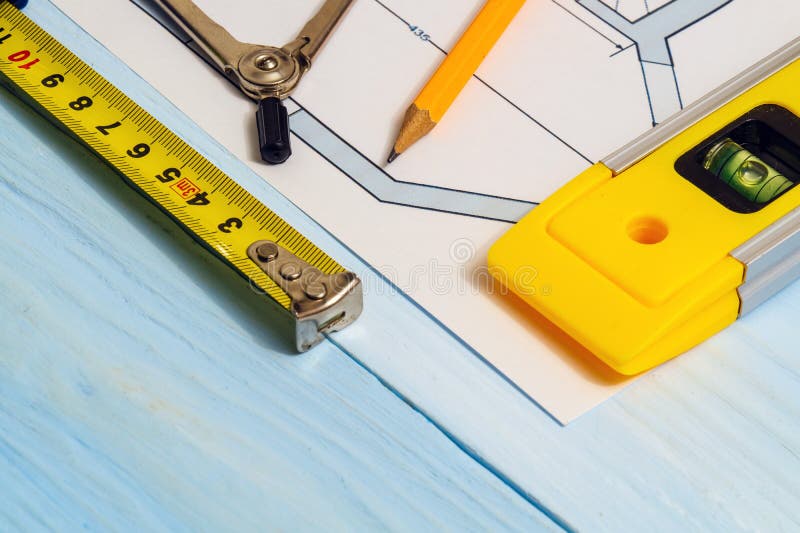 Accessories and Drawing Tools Lie on Building Project or on the Yellow ...