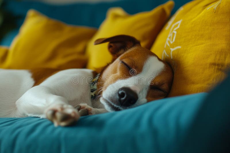 Generative Ai, House Dog Fast Asleep on Colorful Sofa Stock Image ...
