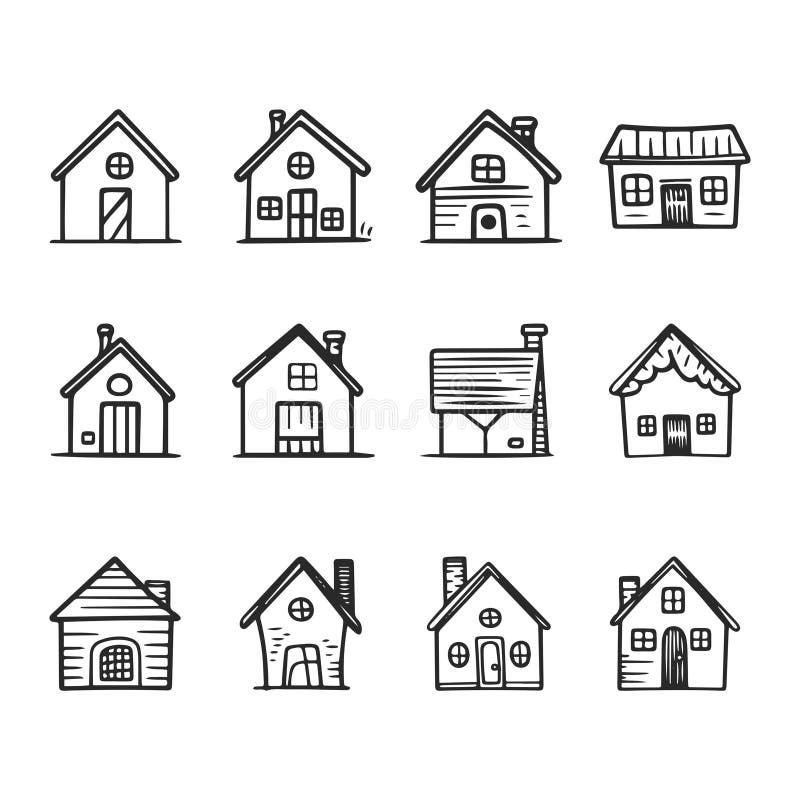 House Doodle Illustration, Hand Drawn Cute Home Set. Simple Icon Stock ...