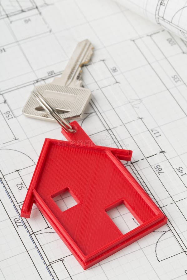 House Door Key with Red House Key Chain Pendant on Building Plan Stock ...