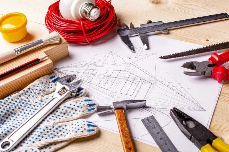 House Drawing and Working Tools. Concept of Home Improvement Stock ...