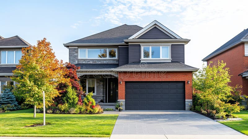 A House with a Driveway and a Garage Stock Illustration - Illustration ...