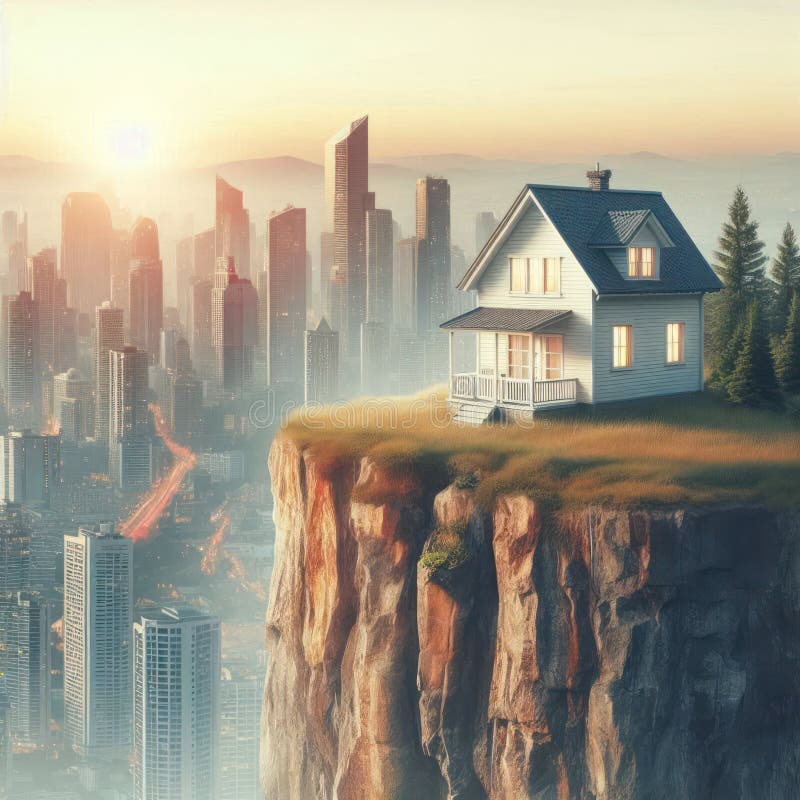 A House on the Edge of a Cliff Overlooking the City. Stock Image ...
