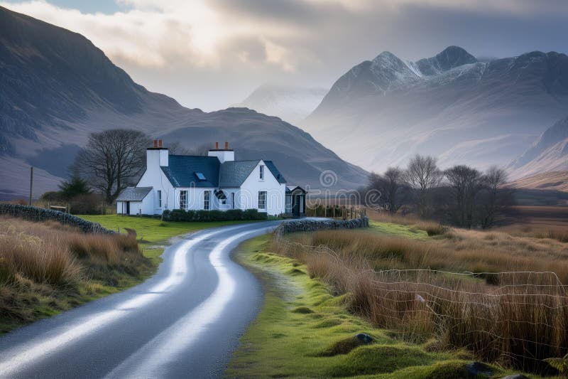 House at the End of a Long, Winding Road, Mountains Behind Stock Image ...