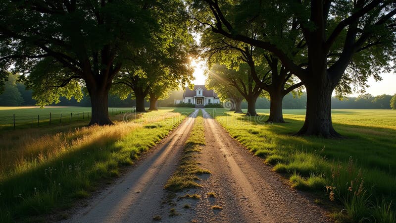 House at the End of Tree-Lined Road Stock Illustration - Illustration ...