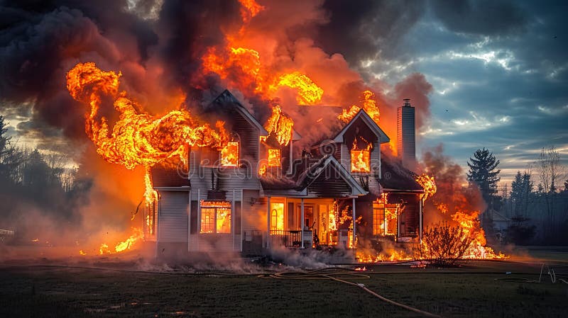 House Engulfed in Flames during a Fire Stock Illustration ...