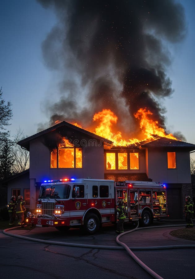 House Engulfed in Flames with Fire Truck Present at Dusk. Stock Image ...