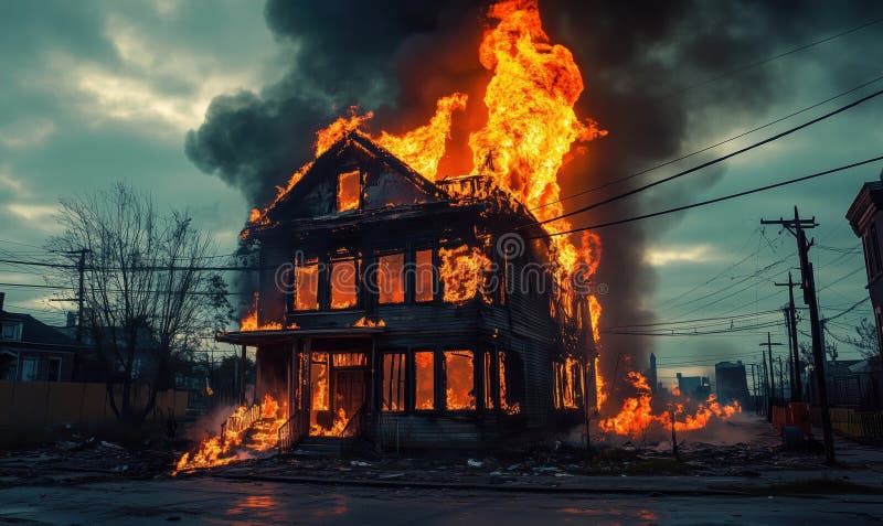 House Engulfed in Flames, Intense Fire Consuming Structure, Smoke ...