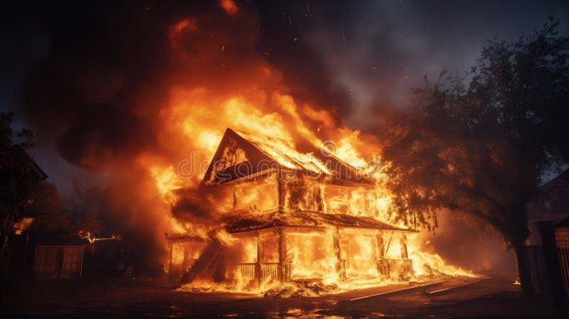 House Engulfed in Flames at Night. Generative Ai Stock Illustration ...