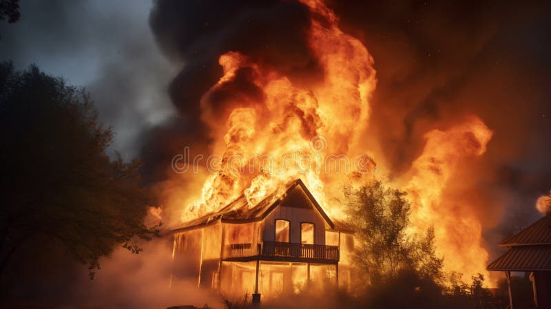 House Engulfed in Flames at Night. Generative Ai Stock Illustration ...