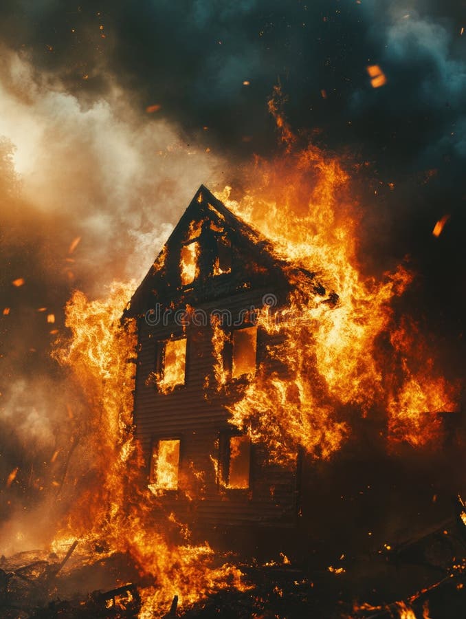 House on Fire at Night stock photo. Image of building - 376594664