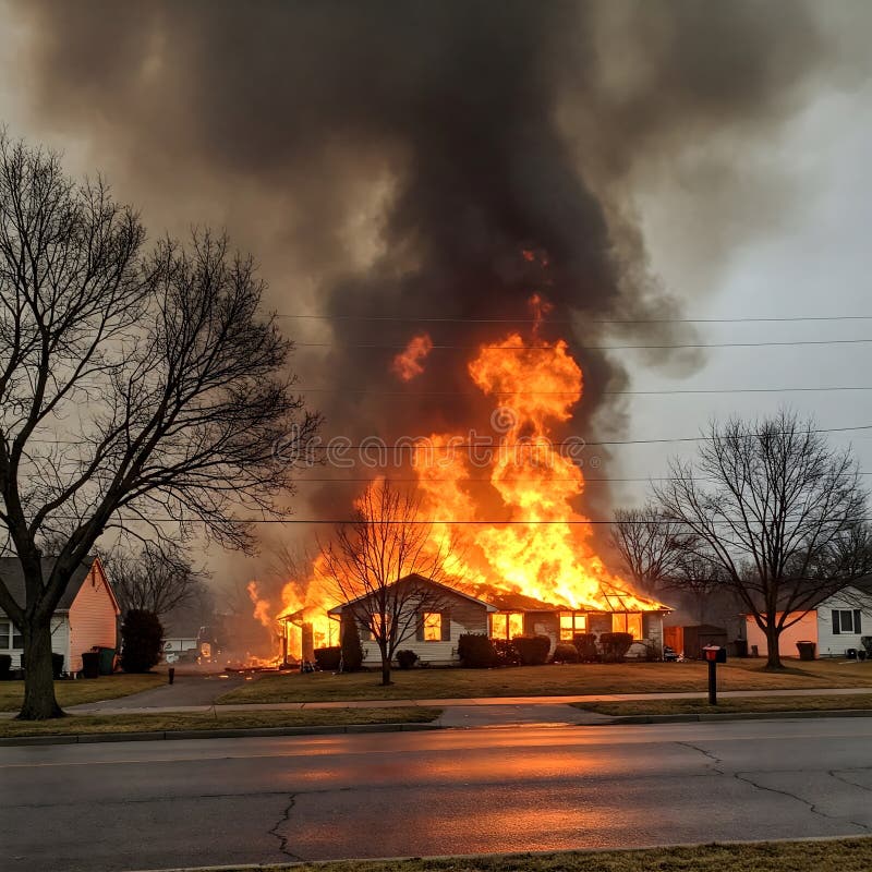 House Engulfed in Flames with Thick Black Smoke Billowing Upwards Stock ...