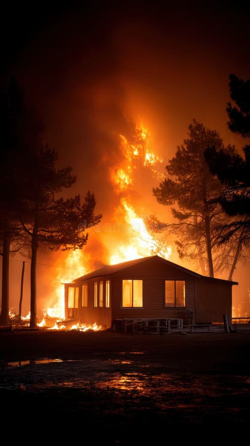 House Engulfed in Flames during Wildfire at Night Stock Illustration ...