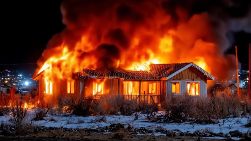 A House Engulfed in Raging Fire at Night, Threatening Surrounding ...