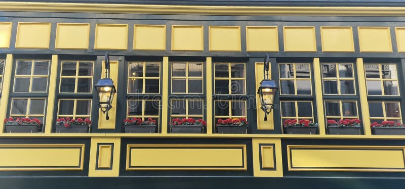 House Facade with Elongated Rectangular Windows with Square Panes in an ...