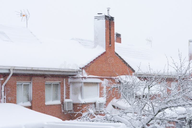 House Facade with Snowy Chimney Stock Photo - Image of chimney, tree ...
