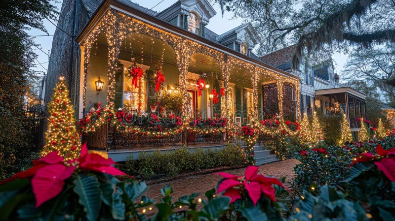 A House Featuring Christmas Lights on Its Front and Sides. Stock Image ...