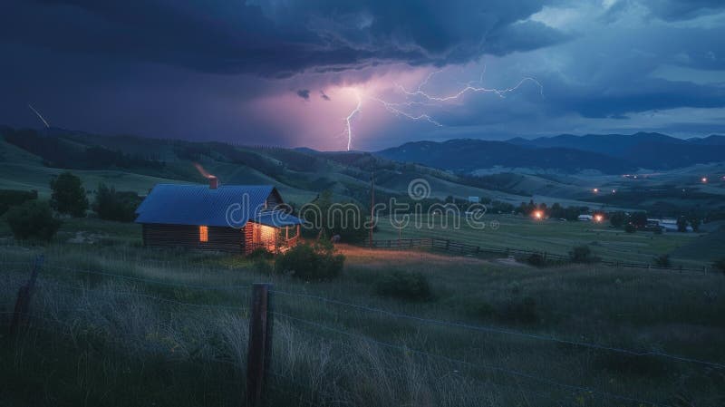 House in Field with Lightning Bolt Stock Image - Image of electricity ...