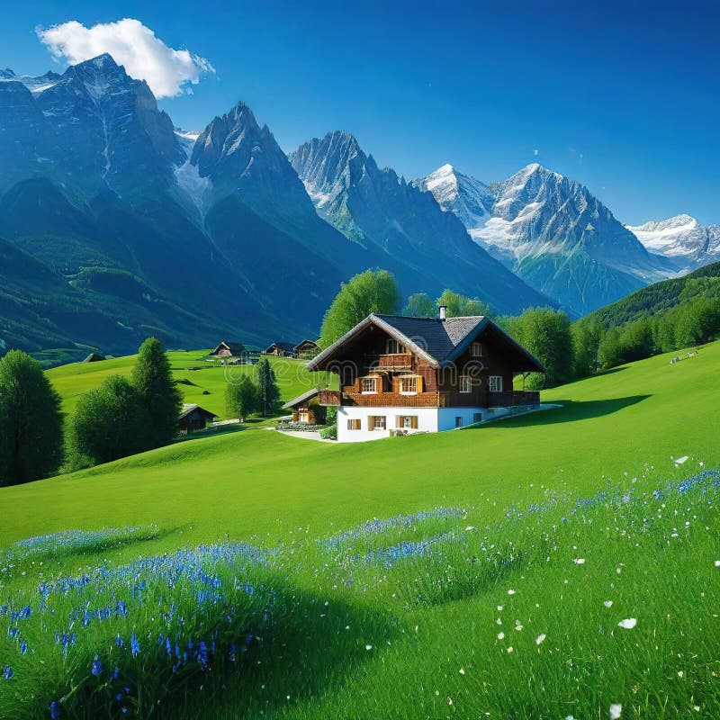 House in Field with Mountains in the Backgrouds of the Mountains in the ...
