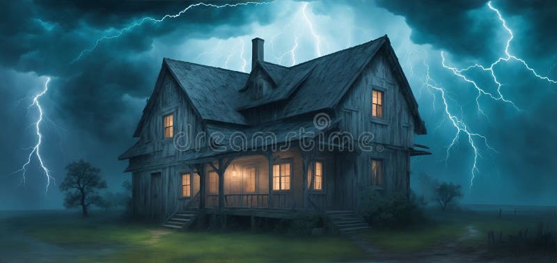 House in a Field Surrounded by a Storm, Illuminated by a Bright Bolt of ...