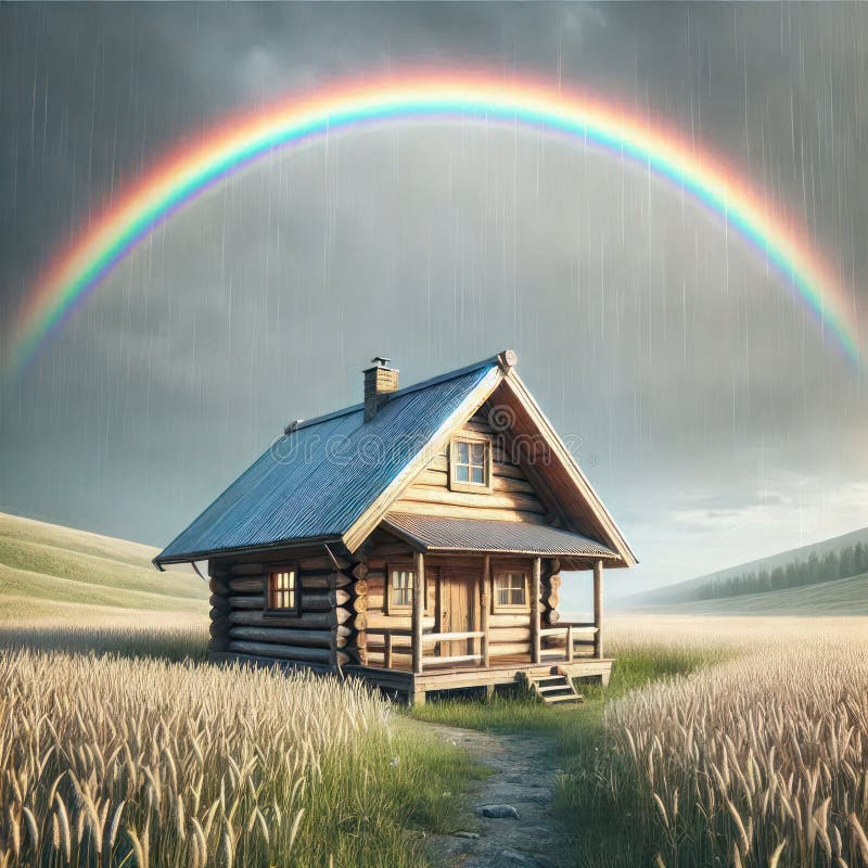A House in a Field Under a Rainbow and Rain. Stock Photo - Image of ...