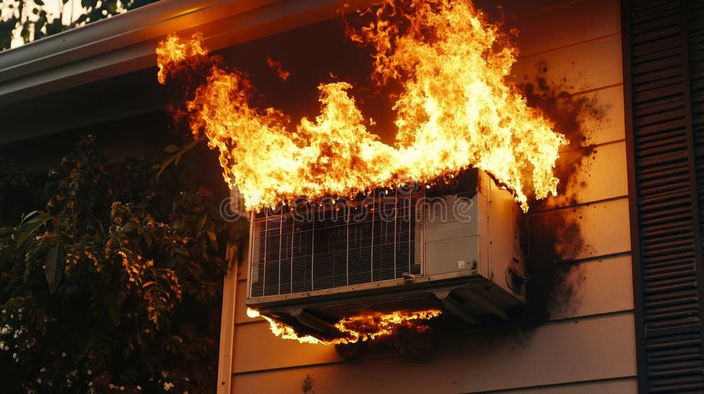 A House on Fire with an Air Conditioner on the Side of it Stock Photo ...